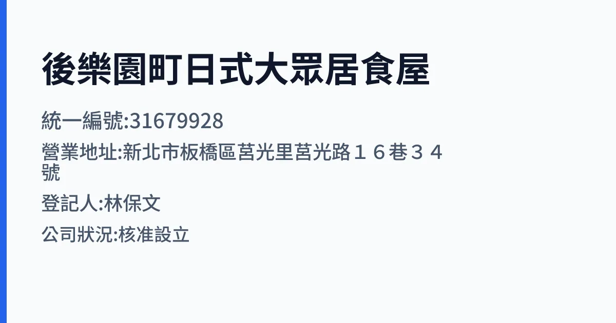 後樂園町日式大眾居食屋 - 統編 31679928(新北市) 公司登記資料與營業項目詳細圖表