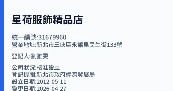 星荷服飾精品店的照片-統編 31679960(新北市) 公司登記資料與營業項目詳細圖表