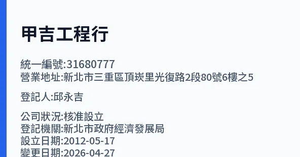 甲吉工程行的照片-統編 31680777(新北市) 公司登記資料與營業項目詳細圖表