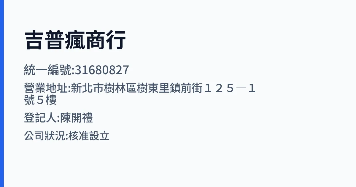 吉普瘋商行 - 統編 31680827(新北市) 公司登記資料與營業項目詳細圖表