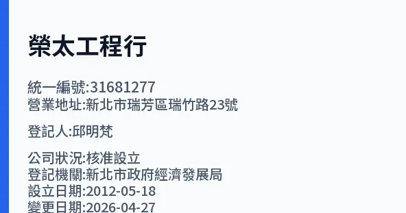榮太工程行的照片-統編 31681277(新北市) 公司登記資料與營業項目詳細圖表
