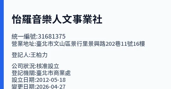 怡羅音樂人文事業社的照片-統編 31681375(臺北市) 公司登記資料與營業項目詳細圖表
