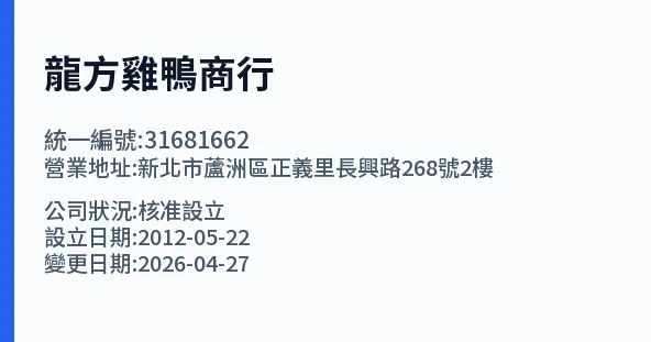 龍方雞鴨商行的照片-統編 31681662(新北市) 公司登記資料與營業項目詳細圖表