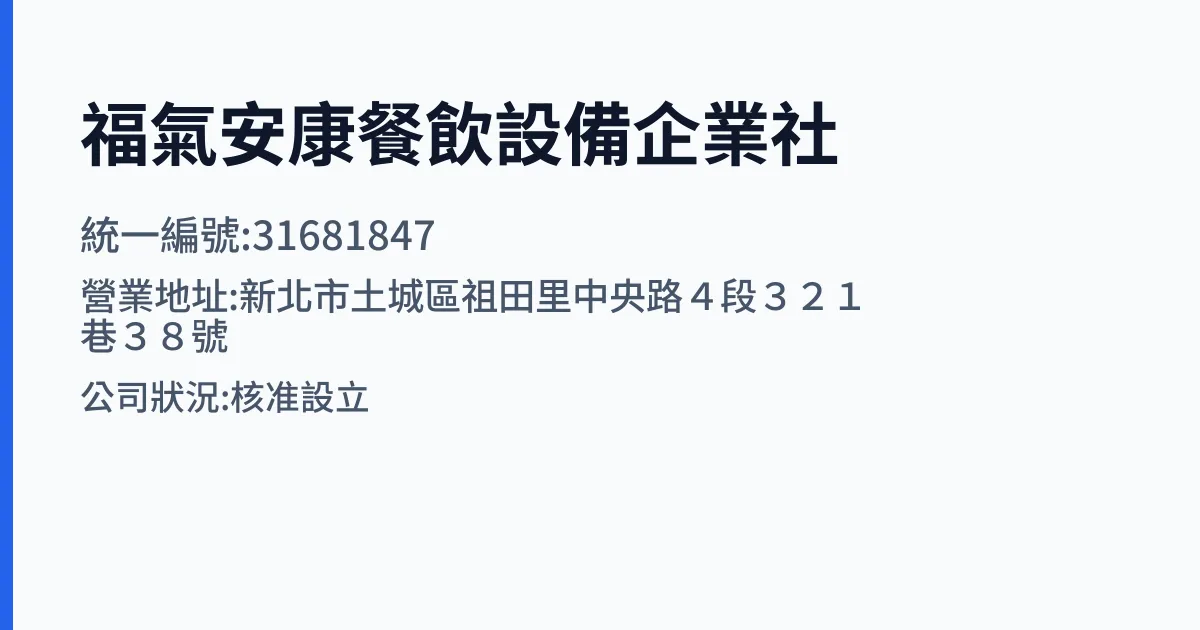 福氣安康餐飲設備企業社 - 統編 31681847(新北市) 公司登記資料與營業項目詳細圖表