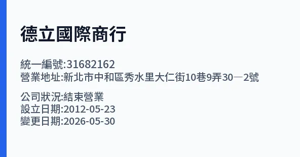 德立國際商行的照片-統編 31682162(新北市) 公司登記資料與營業項目詳細圖表