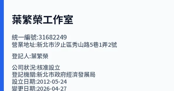 葉繁榮工作室的照片-統編 31682249(新北市) 公司登記資料與營業項目詳細圖表