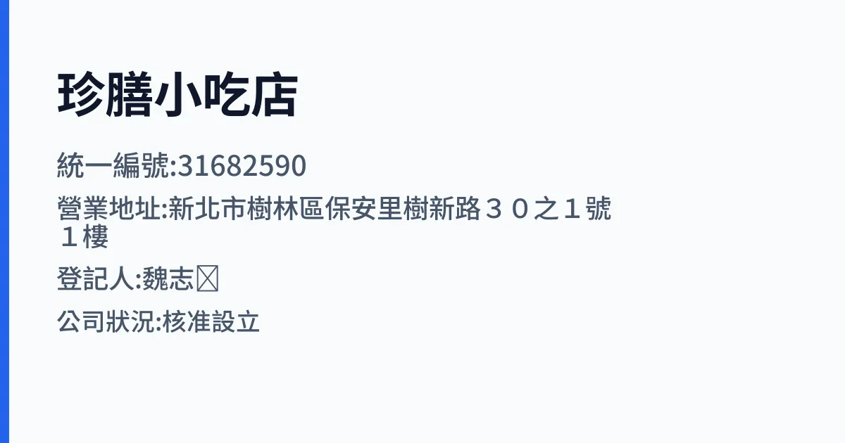 珍膳小吃店 - 統編 31682590(新北市) 公司登記資料與營業項目詳細圖表