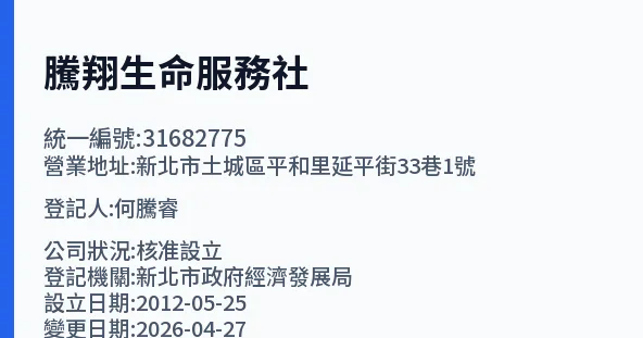 騰翔生命服務社的照片-統編 31682775(新北市) 公司登記資料與營業項目詳細圖表