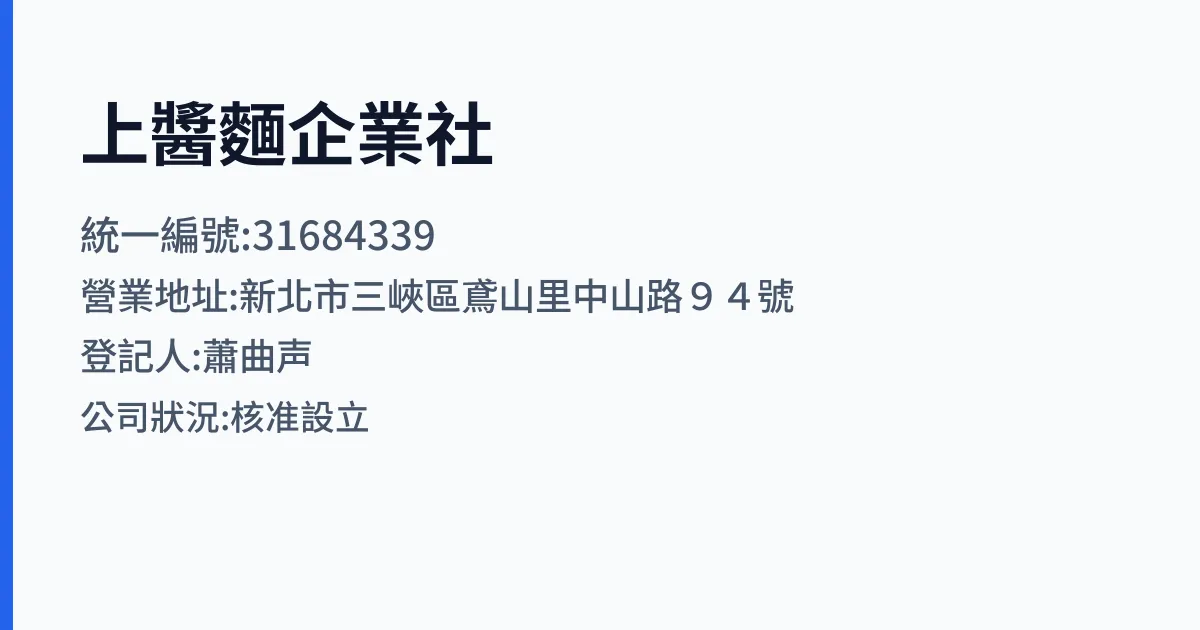 上醬麵企業社 - 統編 31684339(新北市) 公司登記資料與營業項目詳細圖表
