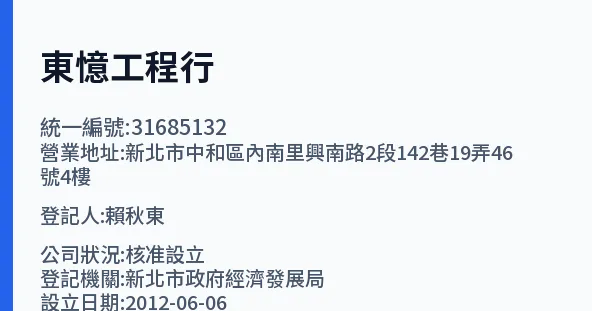 東憶工程行的照片-統編 31685132(新北市) 公司登記資料與營業項目詳細圖表