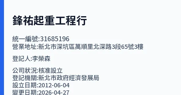 鋒祐起重工程行的照片-統編 31685196(新北市) 公司登記資料與營業項目詳細圖表
