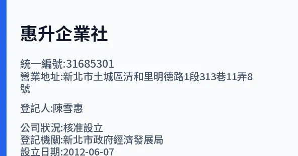 惠升企業社的照片-統編 31685301(新北市) 公司登記資料與營業項目詳細圖表