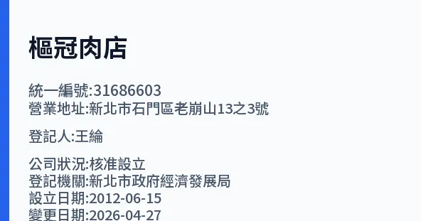 樞冠肉店的照片-統編 31686603(新北市) 公司登記資料與營業項目詳細圖表