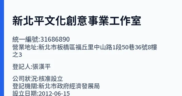 新北平文化創意事業工作室的照片-統編 31686890(新北市) 公司登記資料與營業項目詳細圖表