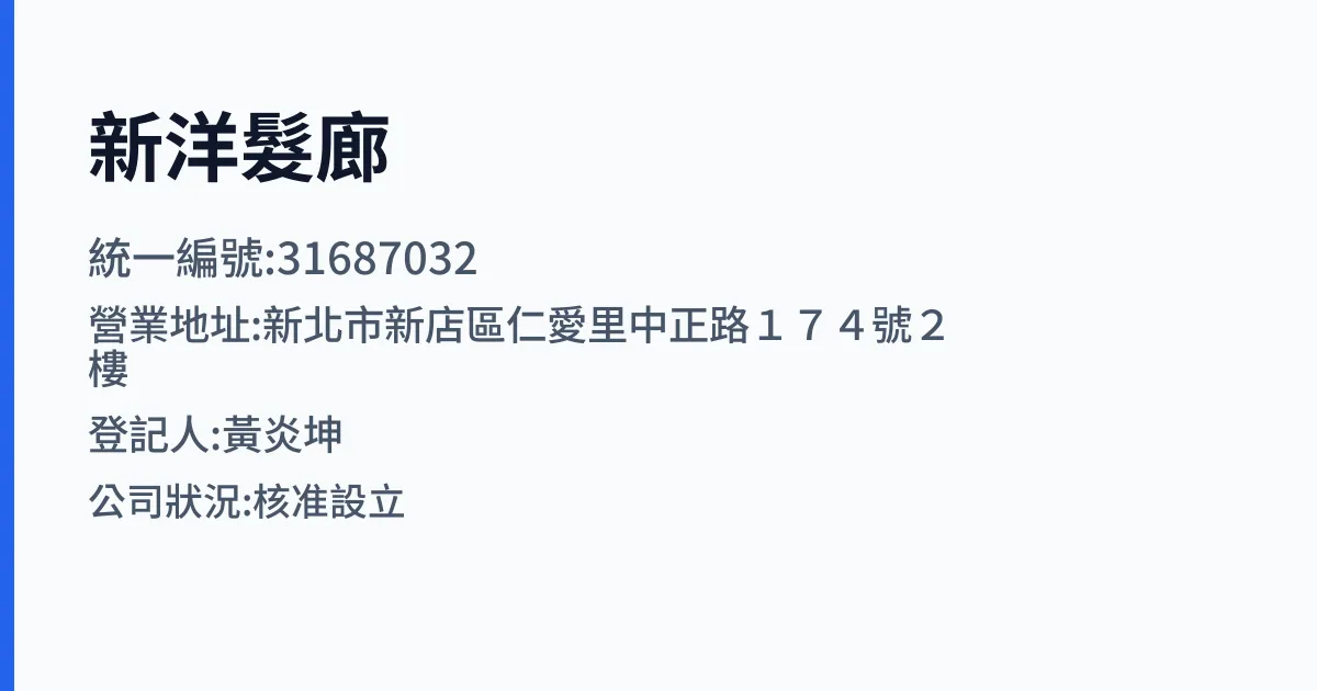 新洋髮廊 - 統編 31687032(新北市) 公司登記資料與營業項目詳細圖表