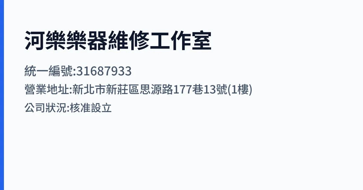 河樂樂器維修工作室 - 統編 31687933(新北市) 公司登記資料與營業項目詳細圖表