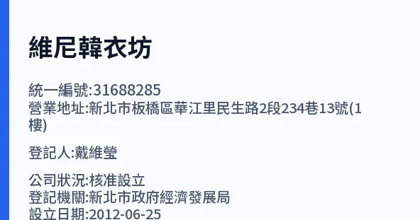 維尼韓衣坊的照片-統編 31688285(新北市) 公司登記資料與營業項目詳細圖表