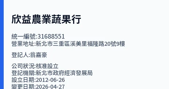 欣益農業蔬果行的照片-統編 31688551(新北市) 公司登記資料與營業項目詳細圖表