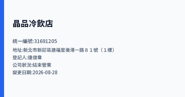 晶品冷飲店的照片-統編 31691205(新北市) 公司登記資料與營業項目詳細圖表