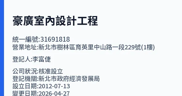 豪廣室內設計工程的照片-統編 31691818(新北市) 公司登記資料與營業項目詳細圖表