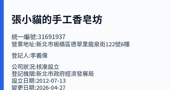 張小貓的手工香皂坊的照片-統編 31691937(新北市) 公司登記資料與營業項目詳細圖表