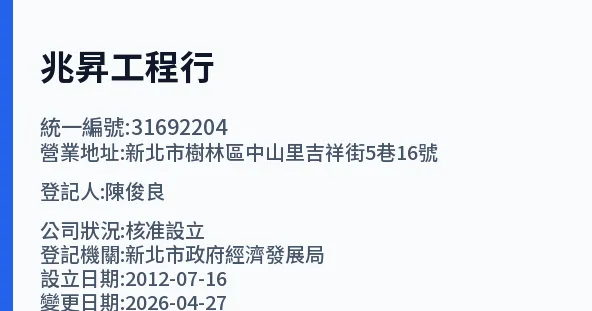 兆昇工程行的照片-統編 31692204(新北市) 公司登記資料與營業項目詳細圖表