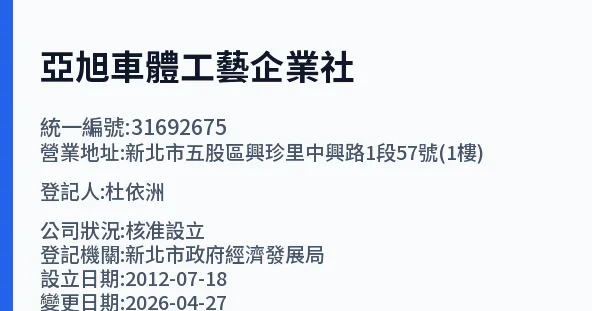 亞旭車體工藝企業社的照片-統編 31692675(新北市) 公司登記資料與營業項目詳細圖表