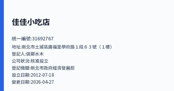 佳佳小吃店的照片-統編 31692767(新北市) 公司登記資料與營業項目詳細圖表