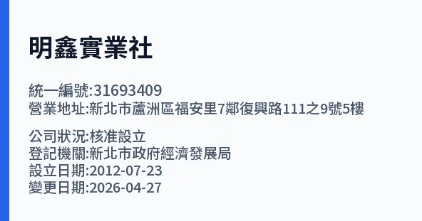 明鑫實業社的照片-統編 31693409(新北市) 公司登記資料與營業項目詳細圖表