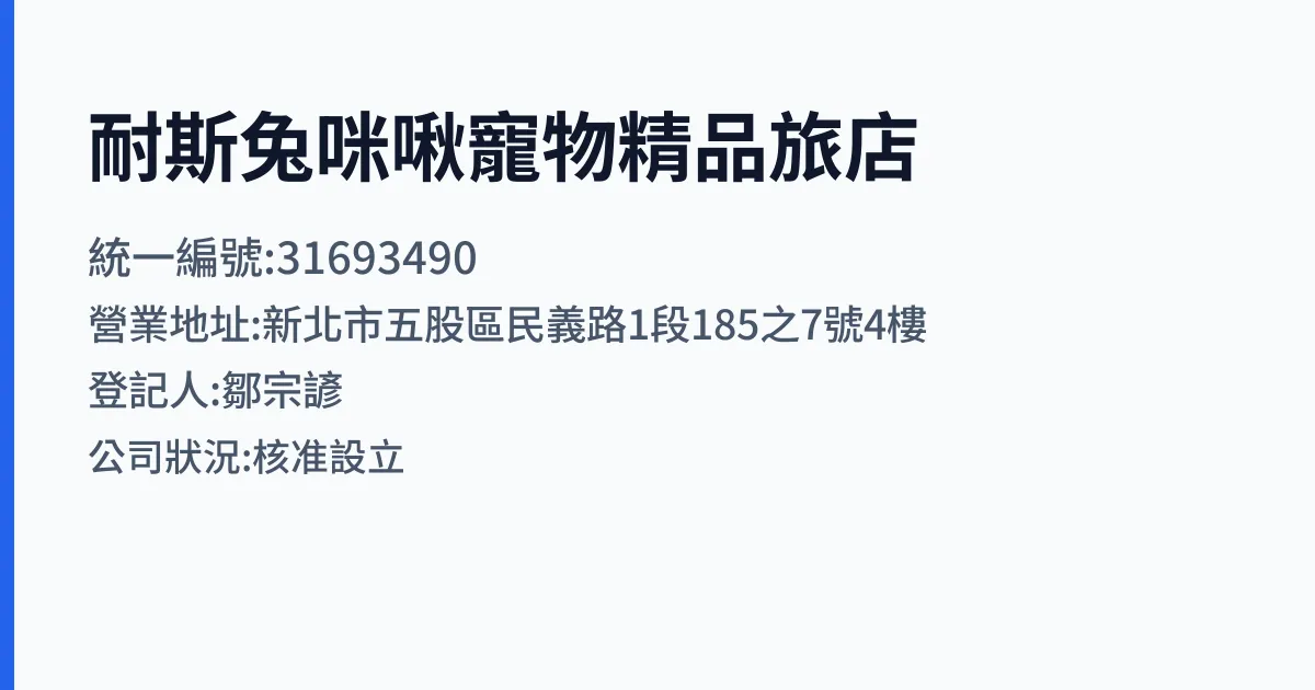 耐斯兔咪啾寵物精品旅店 - 統編 31693490(新北市) 公司登記資料與營業項目詳細圖表