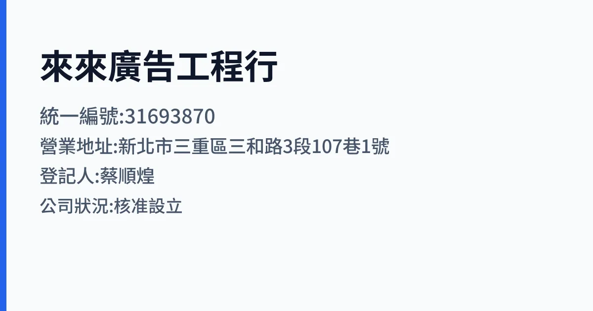 來來廣告工程行 - 統編 31693870(新北市) 公司登記資料與營業項目詳細圖表