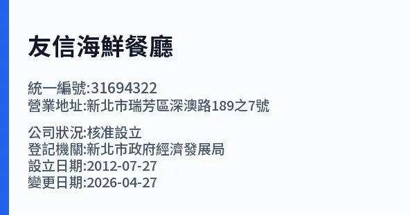 友信海鮮餐廳的照片-統編 31694322(新北市) 公司登記資料與營業項目詳細圖表