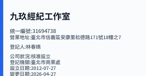 九玖經紀工作室的照片-統編 31694738(臺北市) 公司登記資料與營業項目詳細圖表
