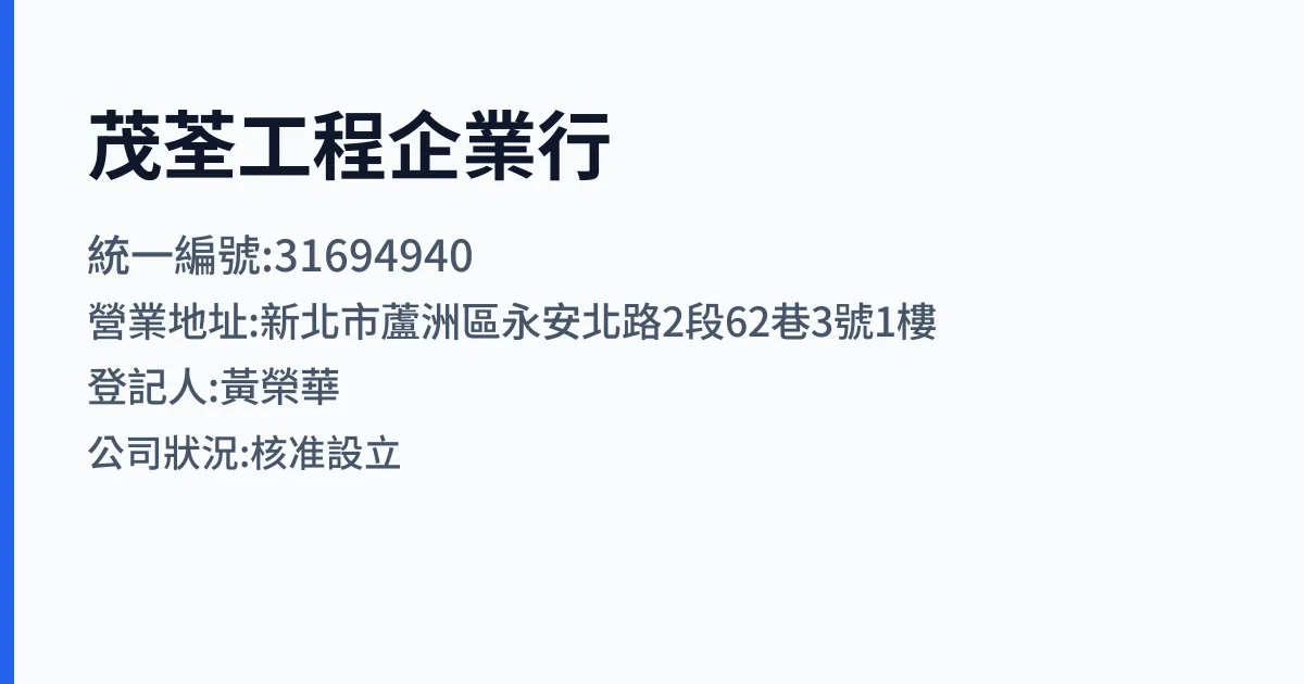茂荃工程企業行 - 統編 31694940(新北市) 公司登記資料與營業項目詳細圖表