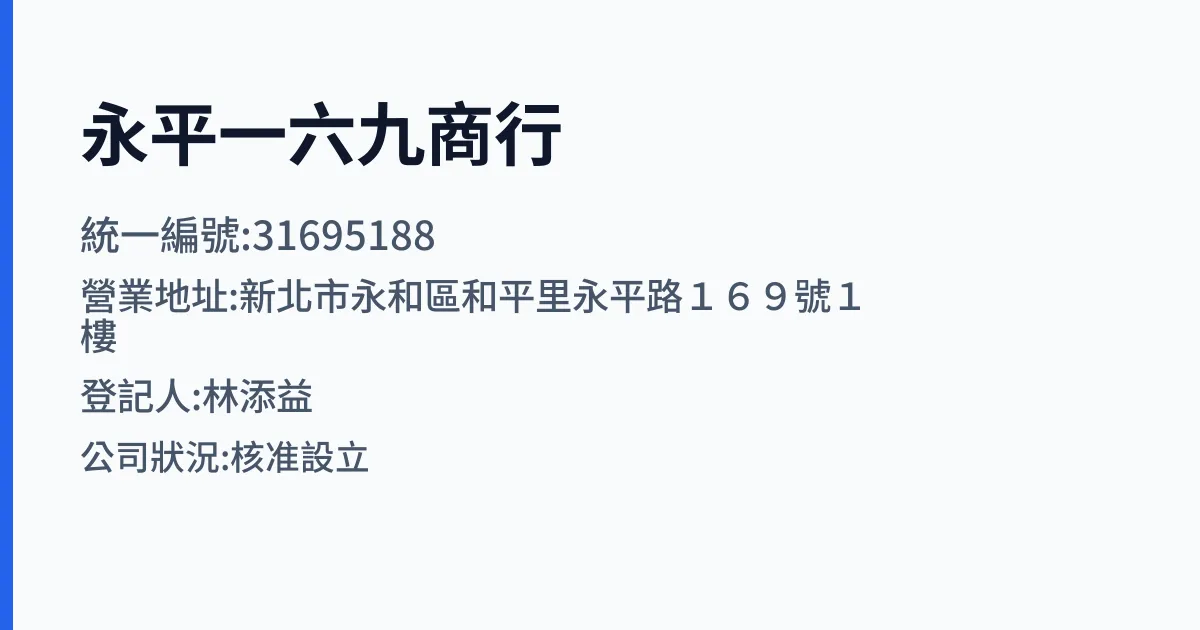 永平一六九商行 - 統編 31695188(新北市) 公司登記資料與營業項目詳細圖表