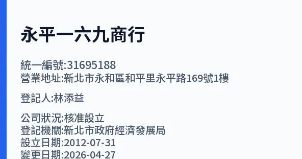 永平一六九商行的照片-統編 31695188(新北市) 公司登記資料與營業項目詳細圖表