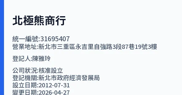 北極熊商行的照片-統編 31695407(新北市) 公司登記資料與營業項目詳細圖表