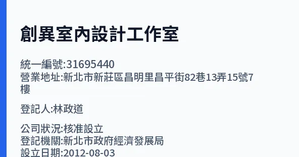 創異室內設計工作室的照片-統編 31695440(新北市) 公司登記資料與營業項目詳細圖表