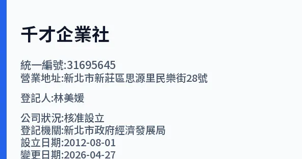 千才企業社的照片-統編 31695645(新北市) 公司登記資料與營業項目詳細圖表