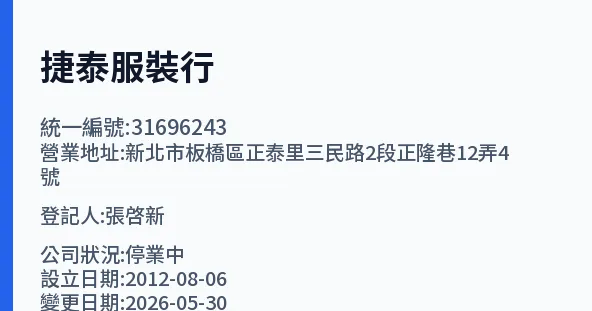 捷泰服裝行的照片-統編 31696243(新北市) 公司登記資料與營業項目詳細圖表