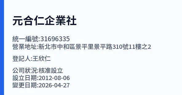 元合仁企業社的照片-統編 31696335(新北市) 公司登記資料與營業項目詳細圖表