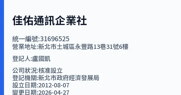 佳佑通訊企業社的照片-統編 31696525(新北市) 公司登記資料與營業項目詳細圖表