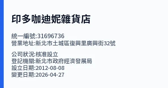 印多咖迪妮雜貨店的照片-統編 31696736(新北市) 公司登記資料與營業項目詳細圖表