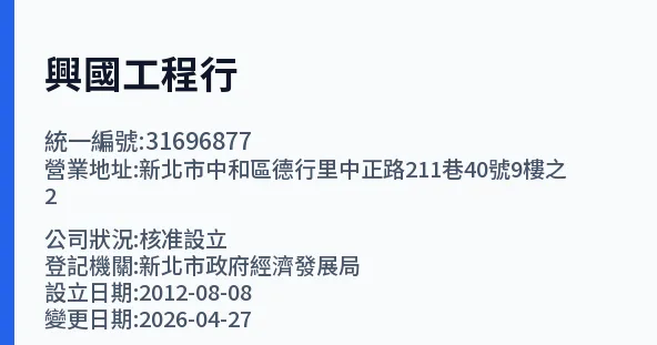 興國工程行的照片-統編 31696877(新北市) 公司登記資料與營業項目詳細圖表