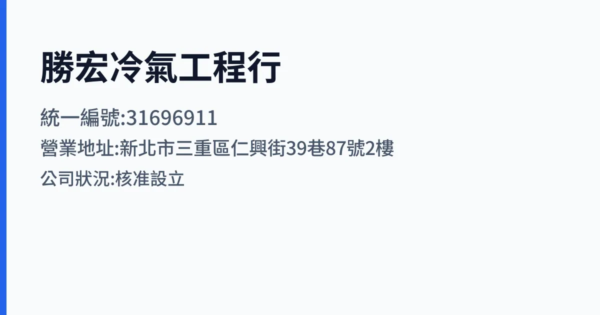 勝宏冷氣工程行 - 統編 31696911(新北市) 公司登記資料與營業項目詳細圖表