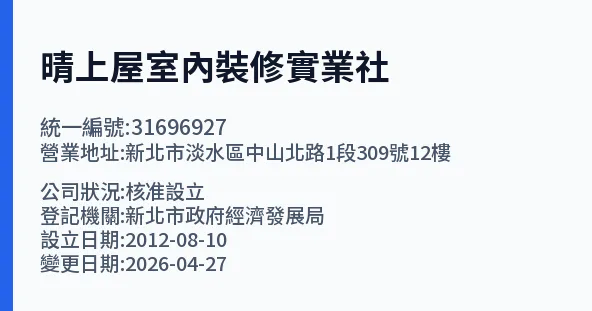 晴上屋室內裝修實業社的照片-統編 31696927(新北市) 公司登記資料與營業項目詳細圖表