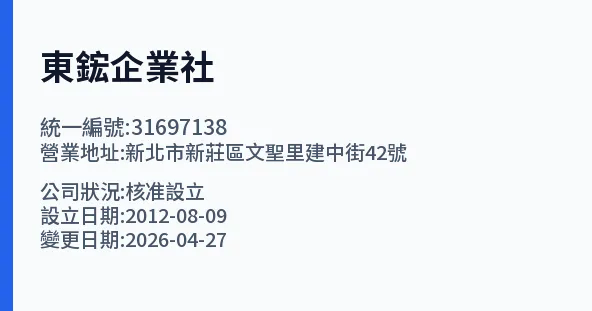 東鋐企業社的照片-統編 31697138(新北市) 公司登記資料與營業項目詳細圖表