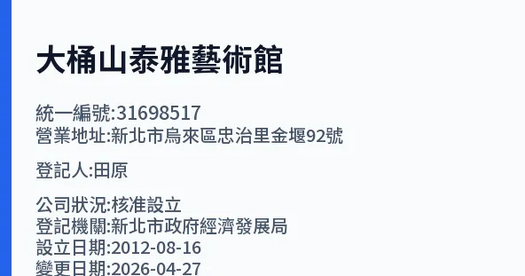 大桶山泰雅藝術館的照片-統編 31698517(新北市) 公司登記資料與營業項目詳細圖表