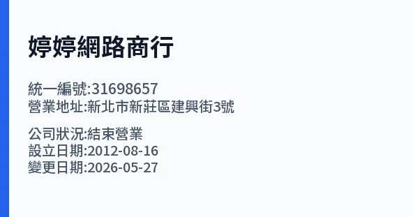 婷婷網路商行的照片-統編 31698657(新北市) 公司登記資料與營業項目詳細圖表