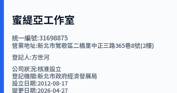 蜜緹亞工作室的照片-統編 31698875(新北市) 公司登記資料與營業項目詳細圖表